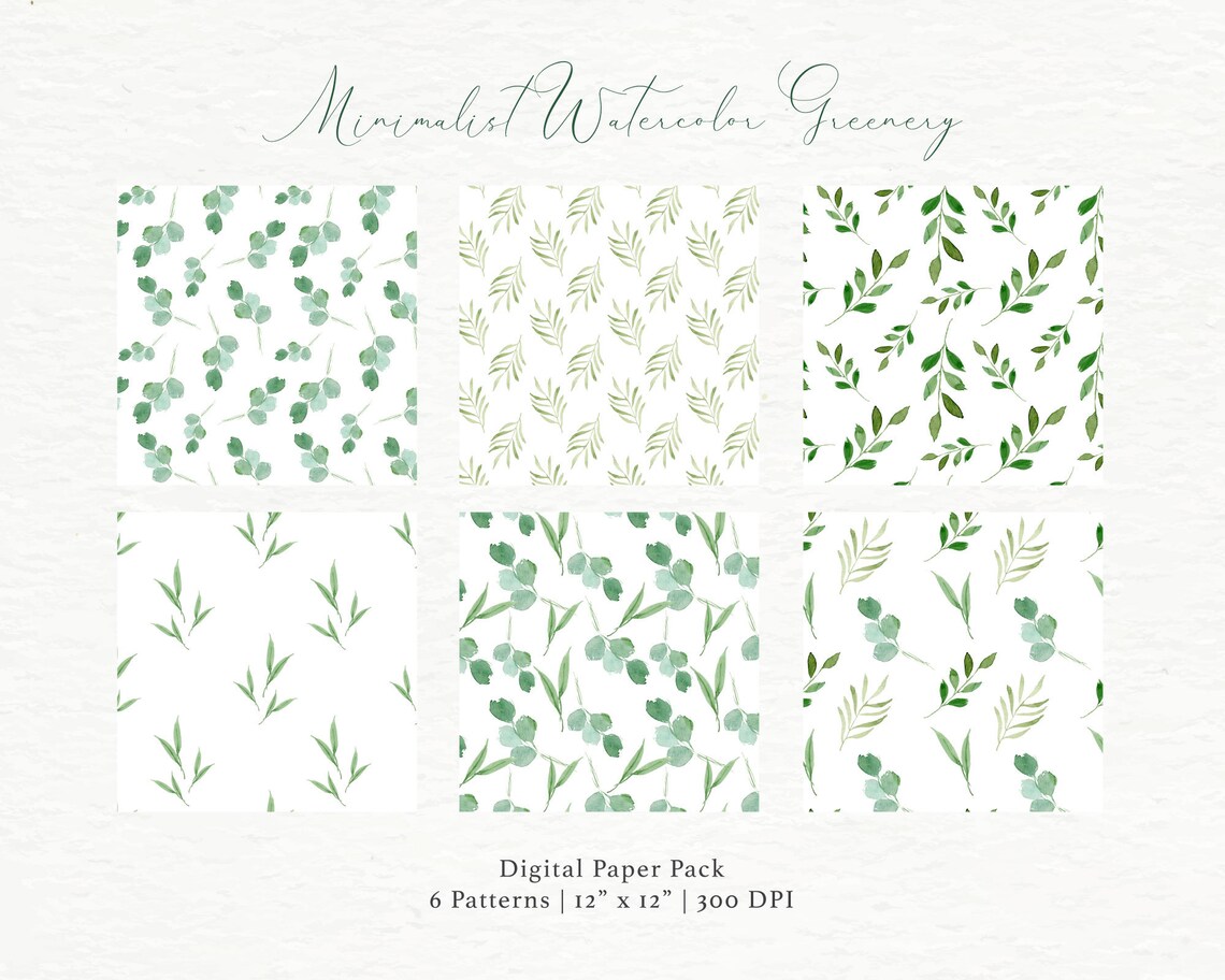 Minimalist Watercolor Greenery Digital Paper Pack Set of 6 - Etsy
