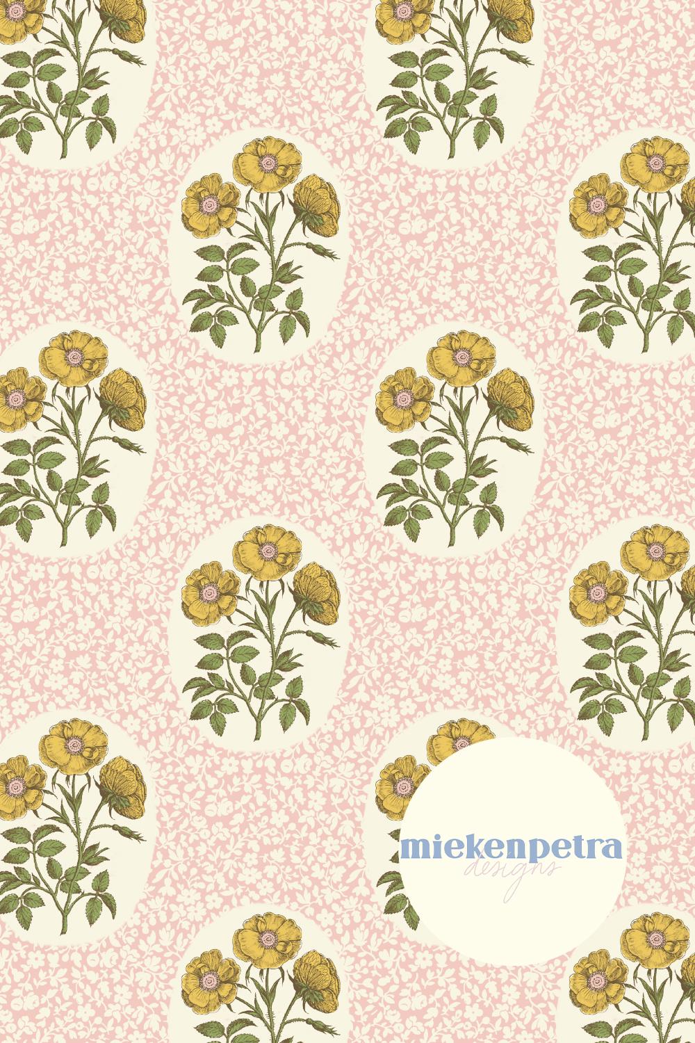 Bohemian Floral Seamless Pattern: Pink & Yellow Block Print (digital ...