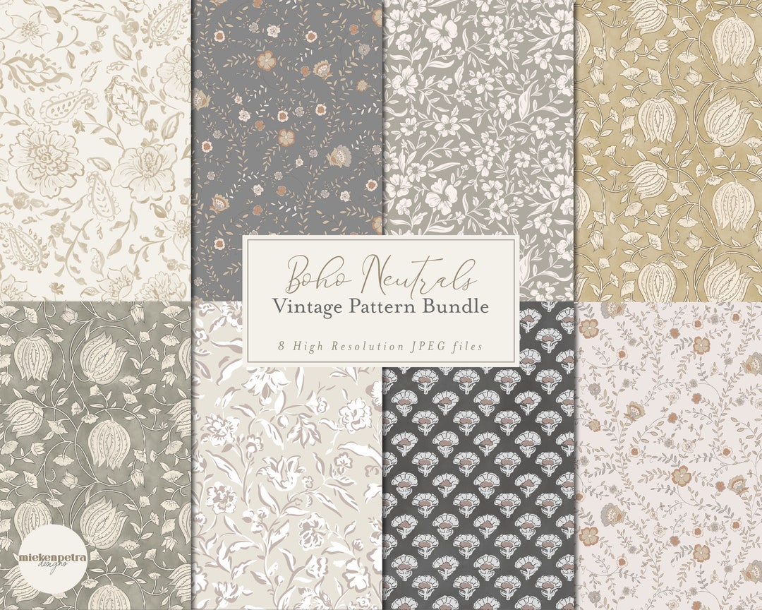 Boho Neutrals Vintage Floral Pattern Collection | Digital Paper Pack ...
