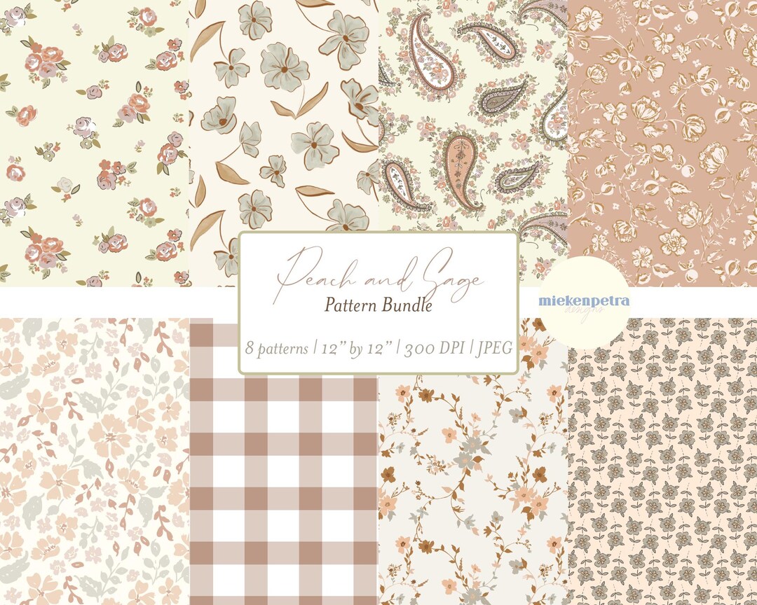 Peach & Sage Floral Pattern Bundle: Gingham Spring Digital Paper ...