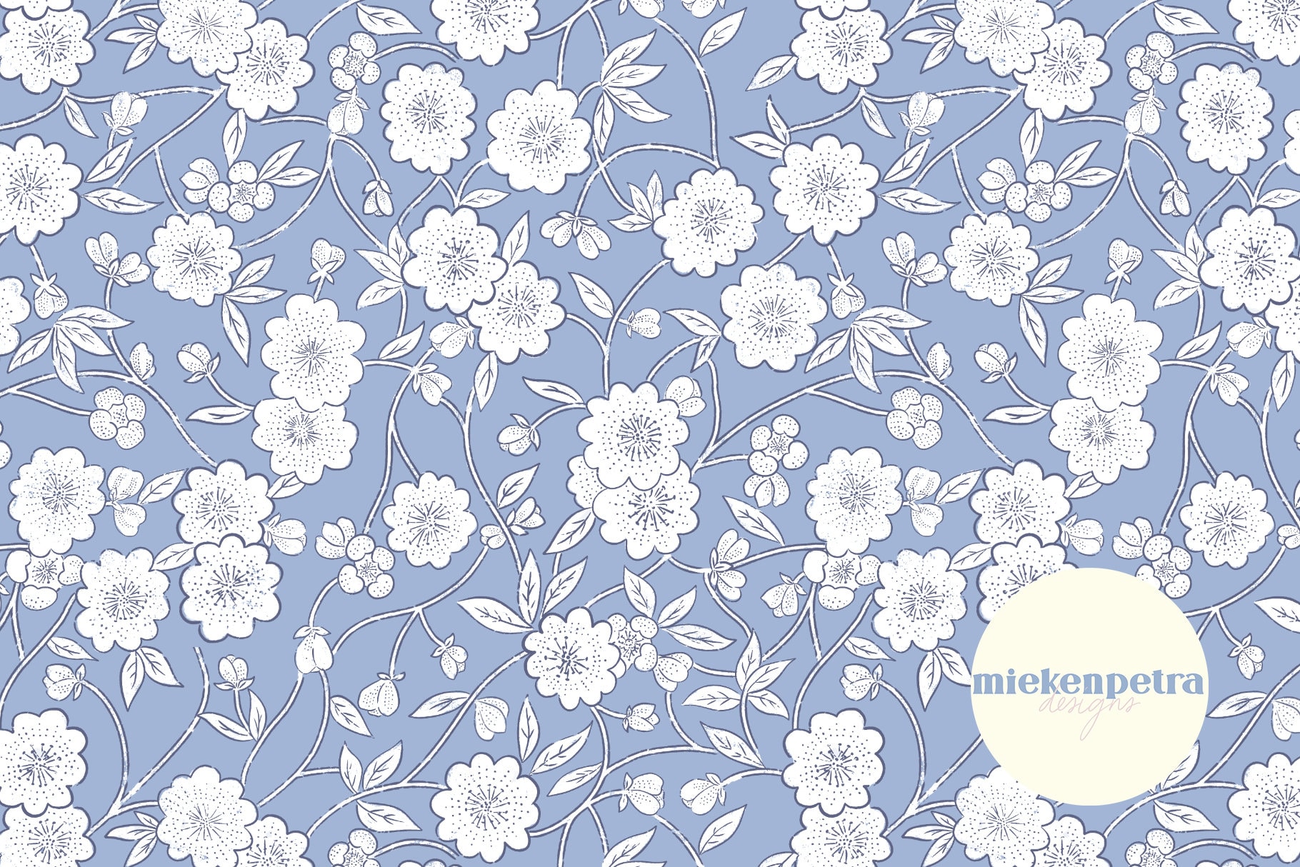 Boho Blue and White Block Print Summer Vintage Floral Seamless Pattern ...