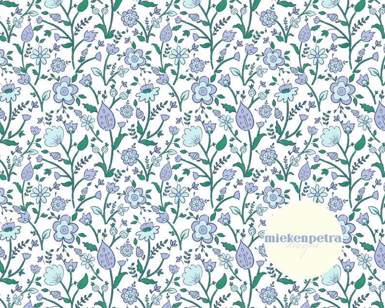 Boho Ditsy Floral Blue Green Seamless Pattern, Repeat Pattern | Digital ...