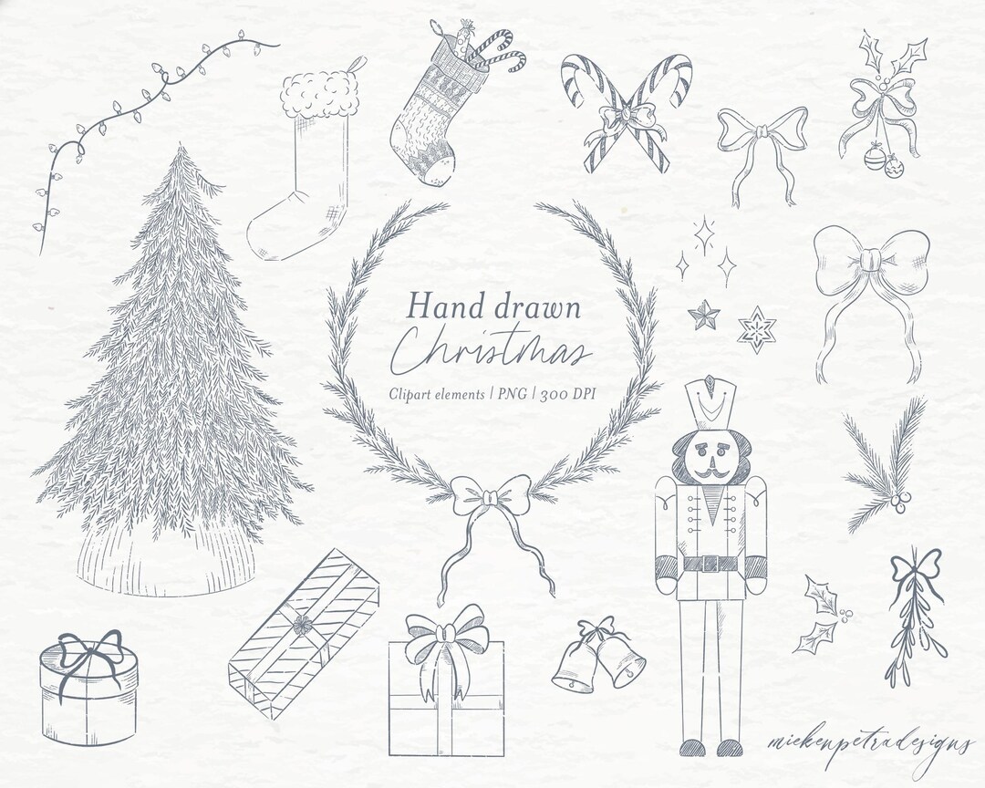 Hand Drawn Christmas Clipart: PNG Illustrations, Wreath, Bows (digital ...