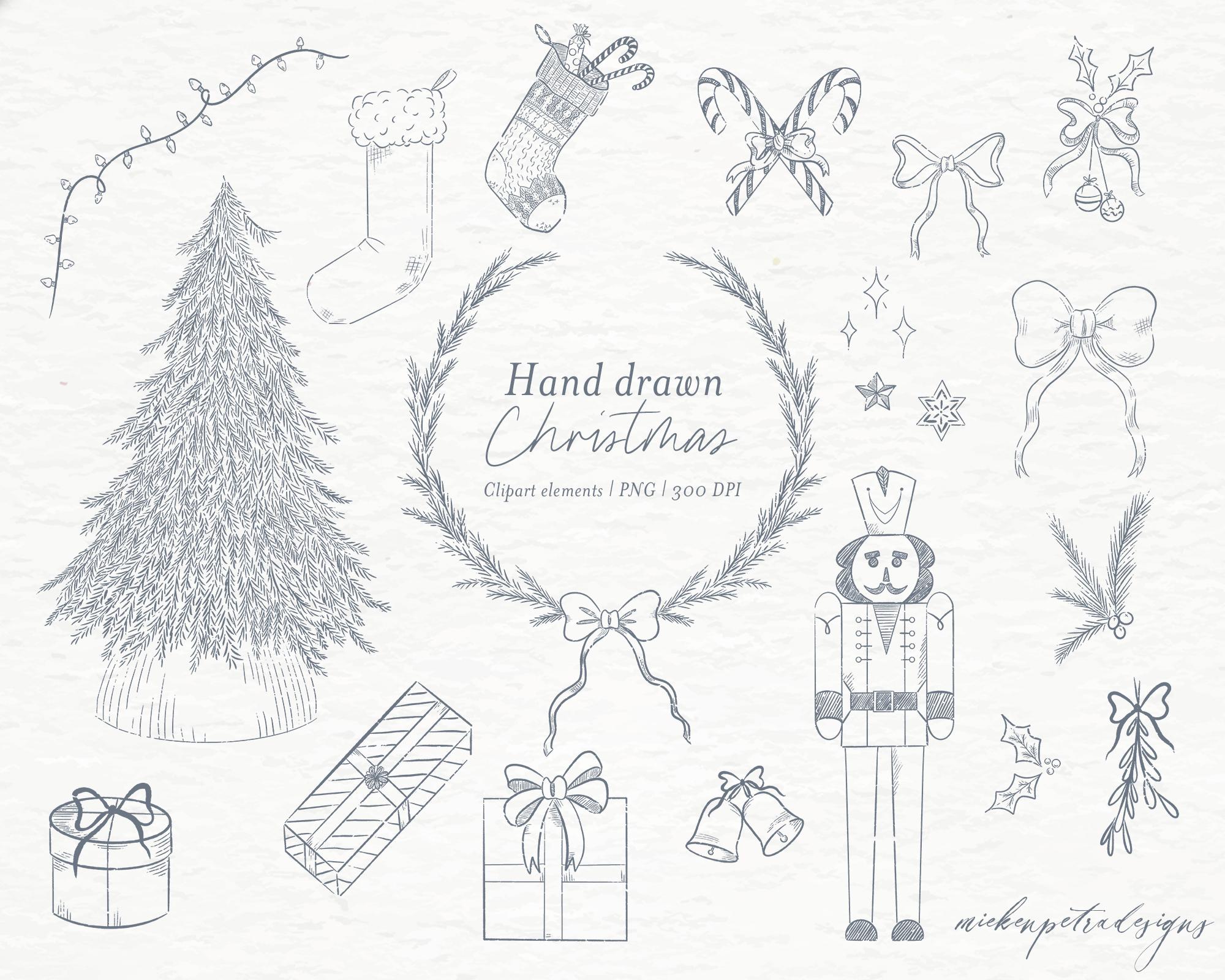 Hand Drawn Christmas Clipart: PNG Illustrations, Wreath, Bows (digital ...
