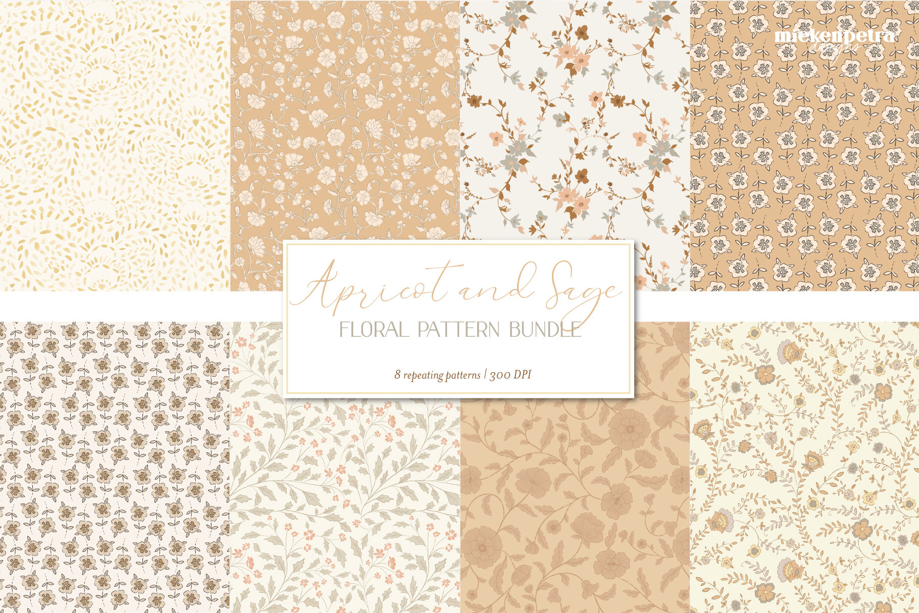 Apricot and Sage Block Print Floral Pattern Collection | Digital Paper ...