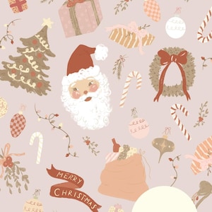 Boho Retro Christmas Seamless Pattern, Santa Claus, Bows, Xmas Trees ...