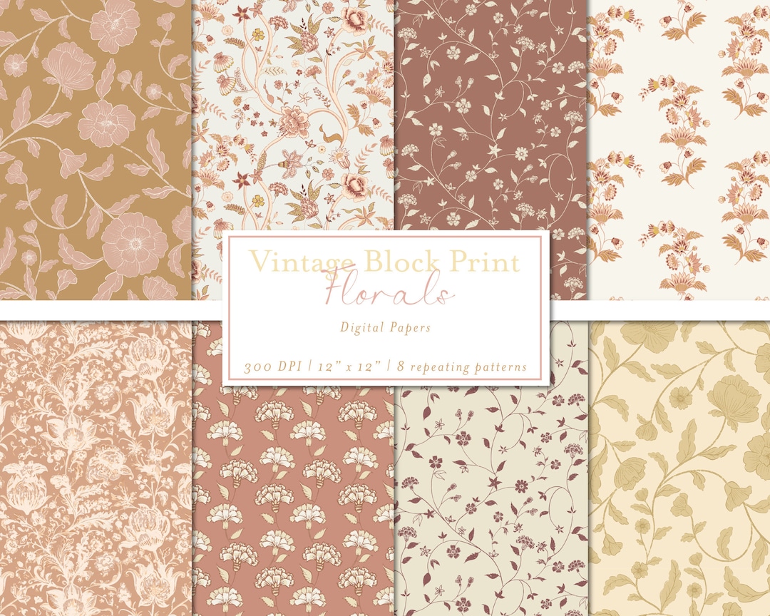 Boho Vintage Block Print Florals | Digital Paper Pack | Set of 8 ...