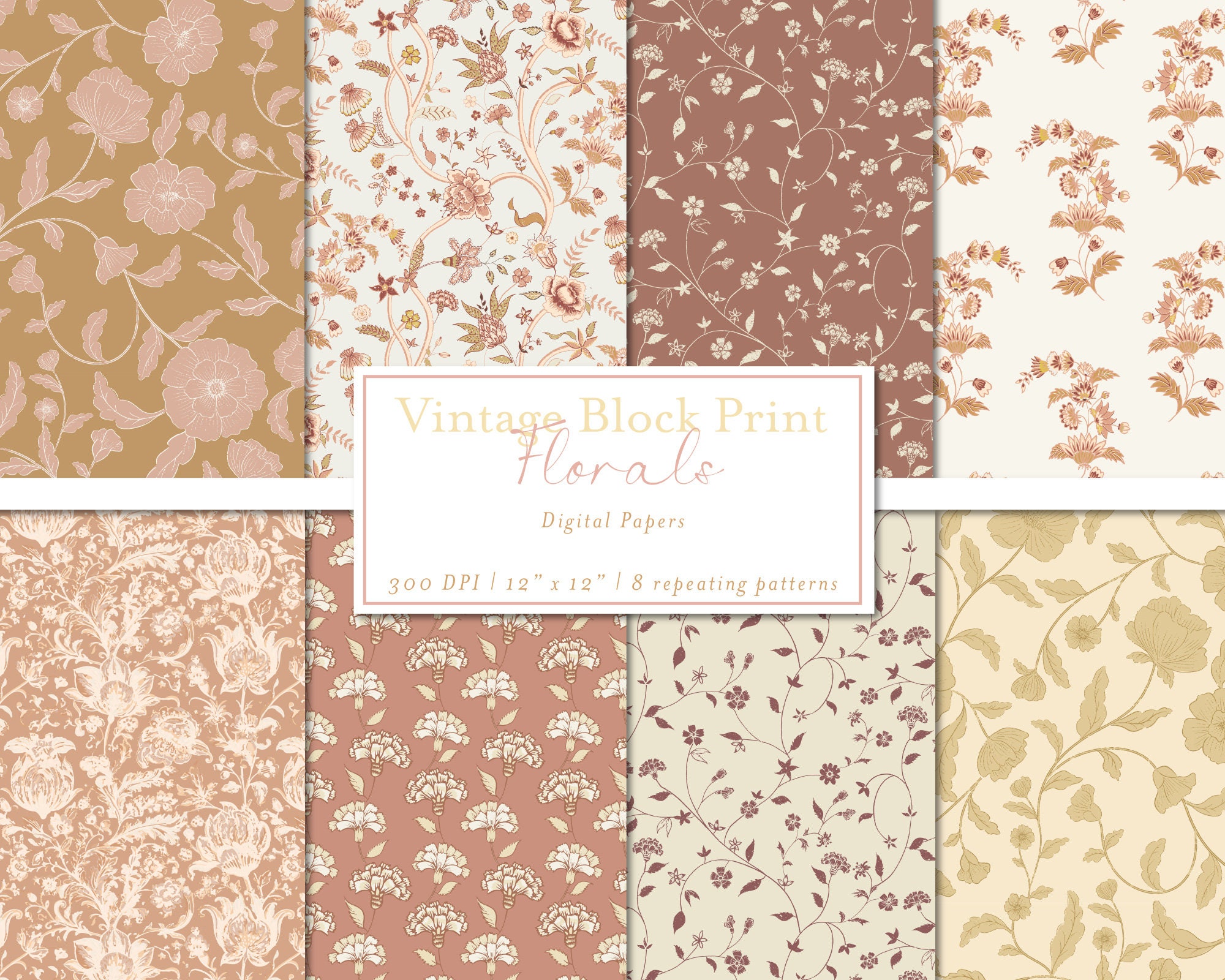 Boho Vintage Block Print Florals Digital Paper Pack Set of - Etsy