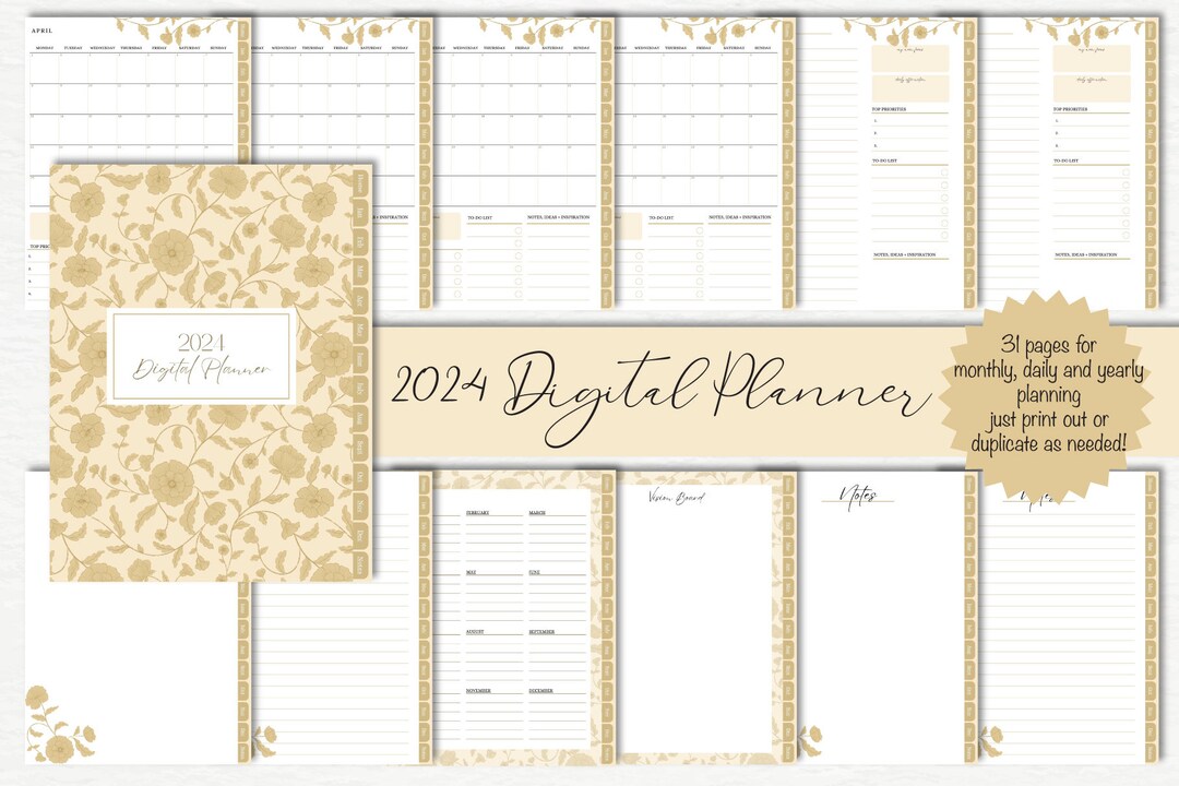 Floral 2024 Digital Planner | Monthly, Daily, Undated (PDF Planner) - Etsy