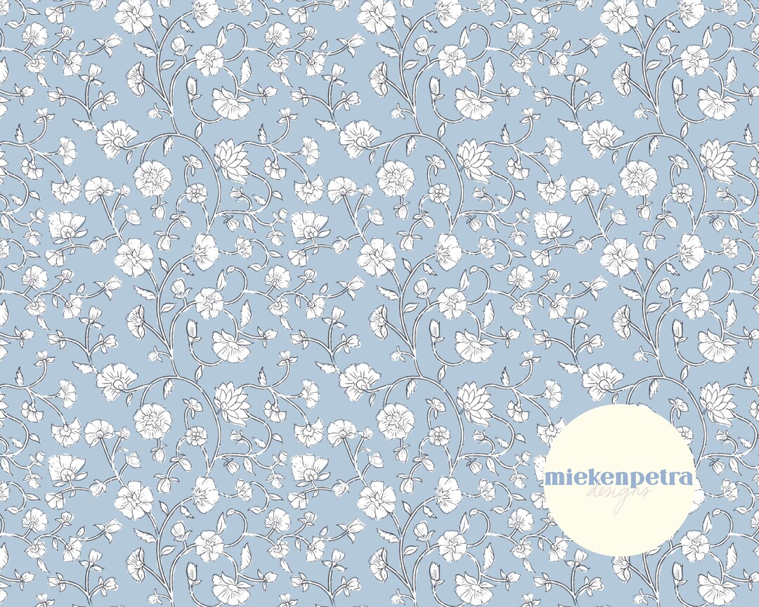Blue Floral Block Print Pattern: Cottagecore Digital Paper (JPG) - Etsy