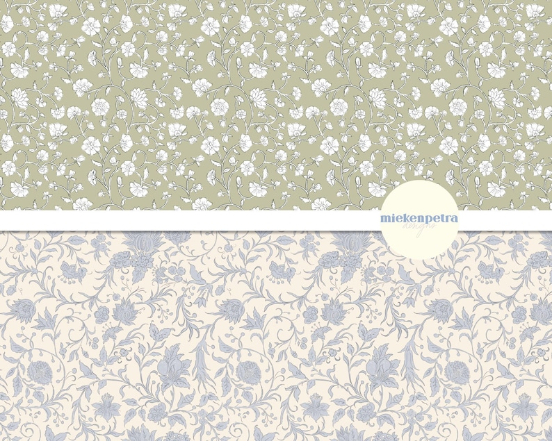 Blue & Green Vintage Floral Digital Paper: Seamless Patterns (JPG) - Etsy