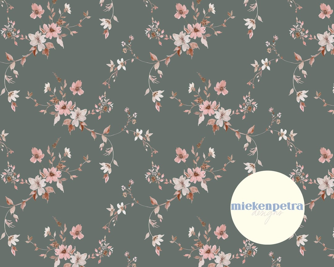 Watercolor Floral Sage Forest Green and Pink Repeating Pattern ...