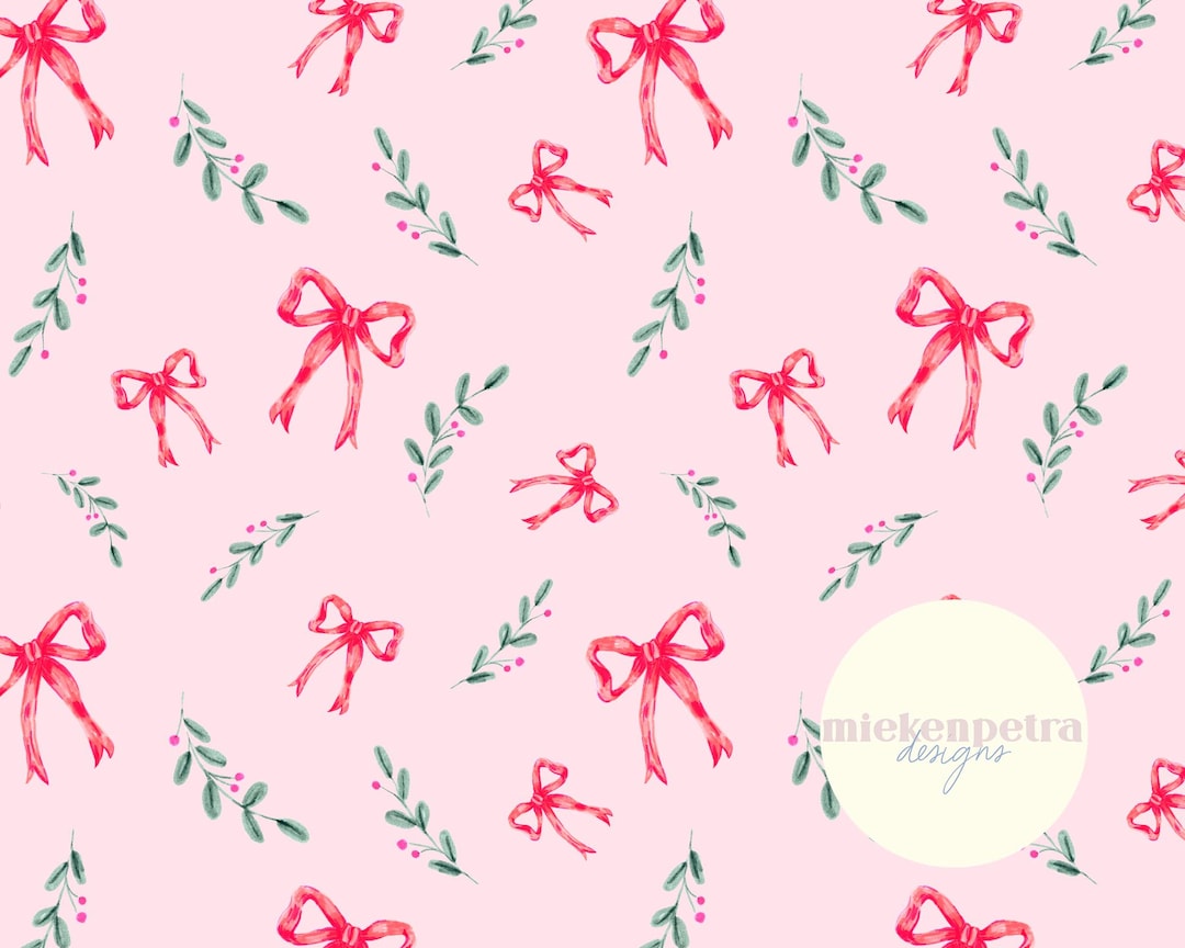 Pink Bows and Laurels Christmas Seamless Pattern Watercolor | Digital ...