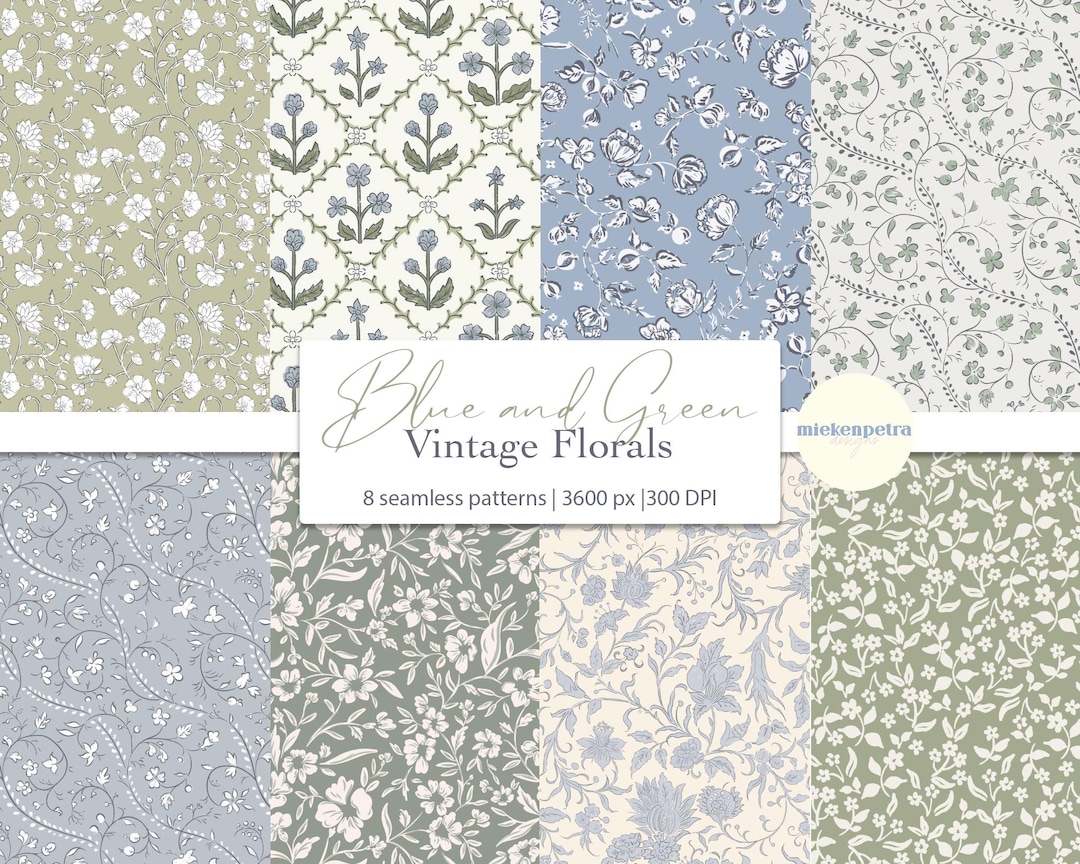Blue and Green Vintage Florals | Digital Paper Pack | Set of 8 Seamless ...