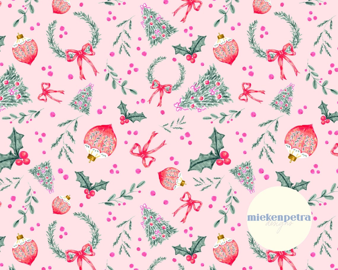 Pink Christmas Seamless Pattern: Boho Watercolor Ornaments (digital ...