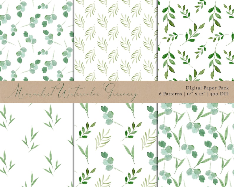 Minimalist Watercolor Greenery Digital Paper Pack Set of 6 - Etsy