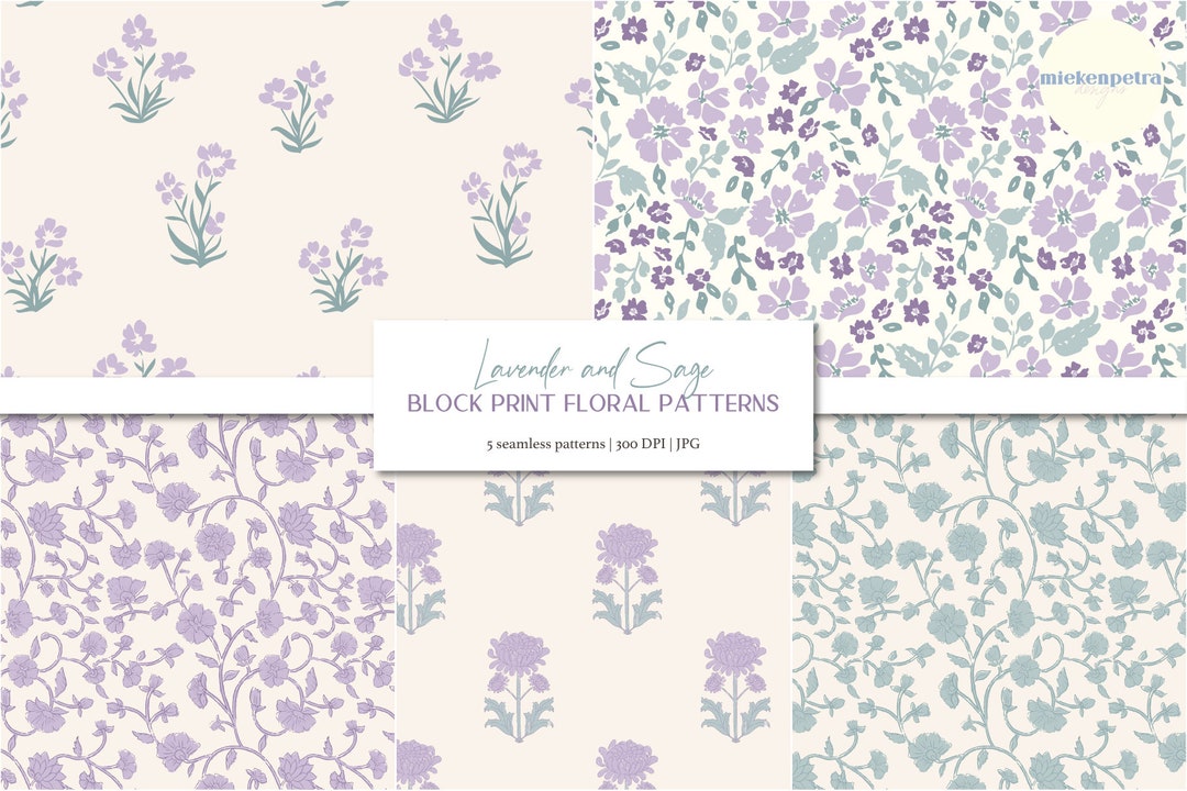 Lavender and Sage Block Print Floral Pattern Collection | Digital Paper ...