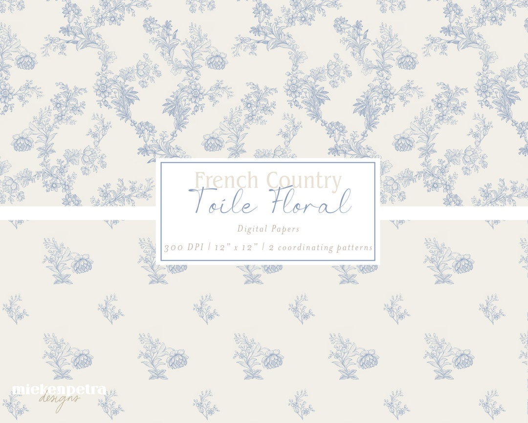 French Country Toile Digital Paper Pack: Blue White Floral Patterns ...
