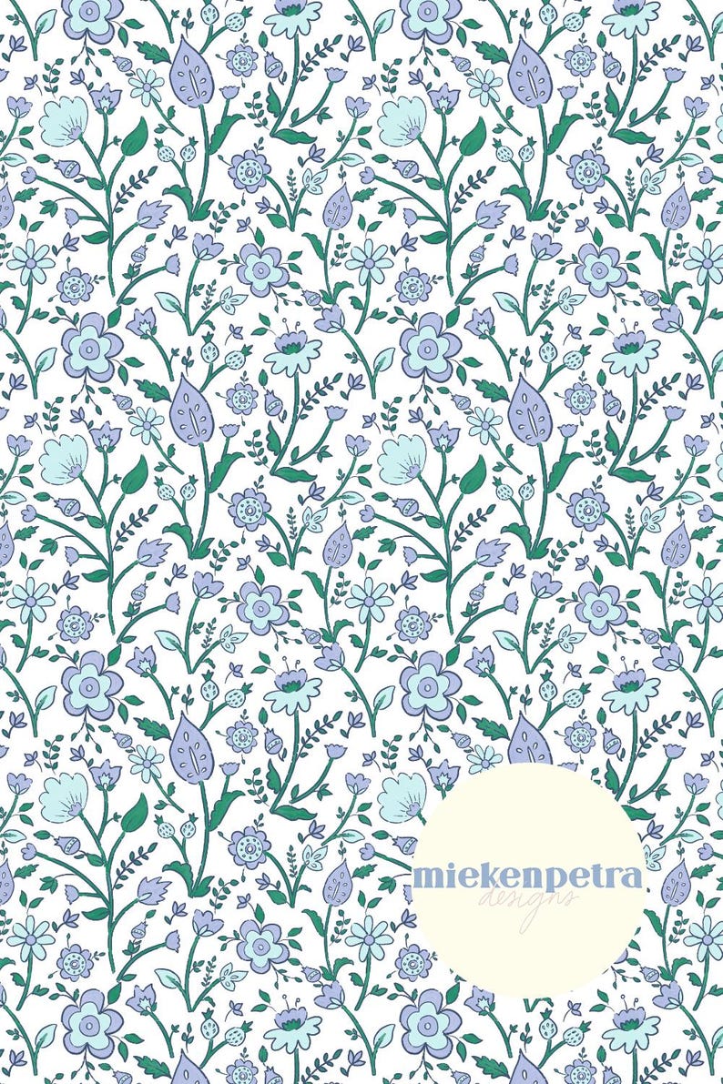 Boho Ditsy Floral Blue Green Seamless Pattern, Repeat Pattern | Digital ...