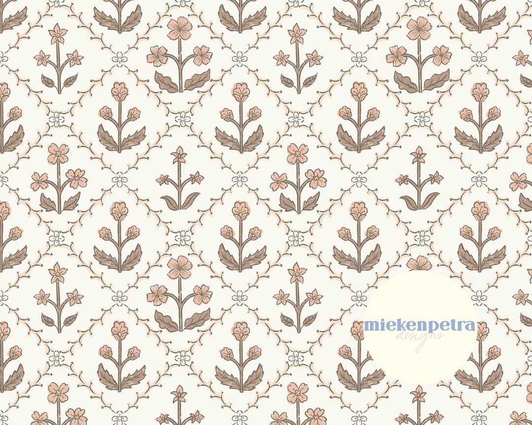 Boho Floral Block Print Seamless Pattern: Pink & Brown (JPG Digital ...