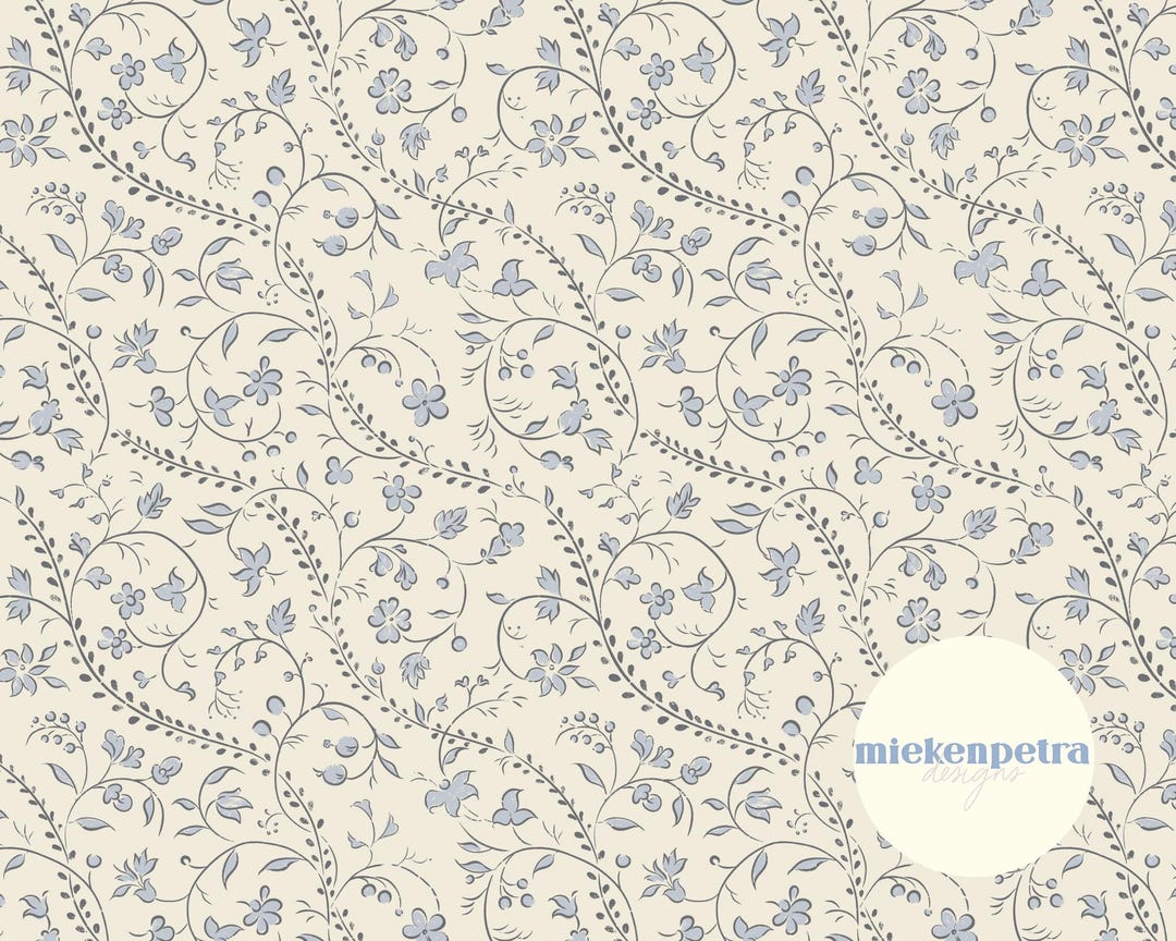 French Country Blue and Cream Block Print Floral Seamless Pattern ...