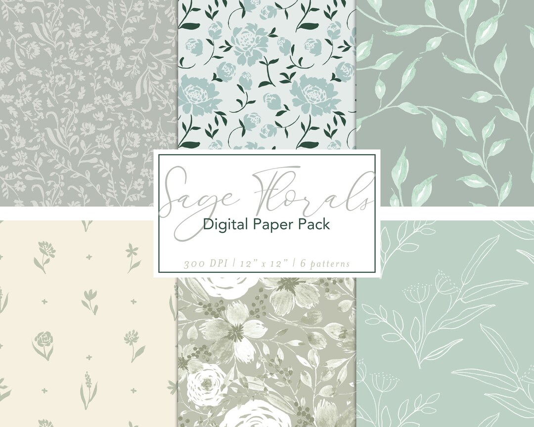 Sage Florals | Digital Paper Pack | Set of 6 Seamless Repeating ...