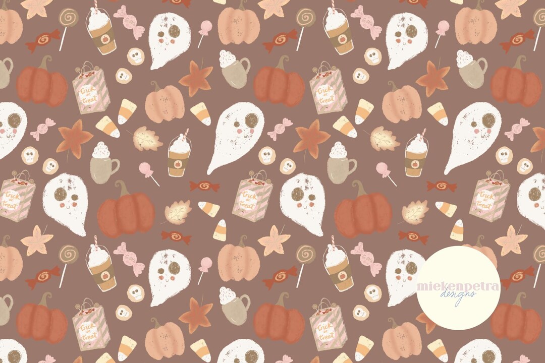 Boho Halloween Ghosts Seamless Pattern: Candy, Pumpkins (digital Paper ...