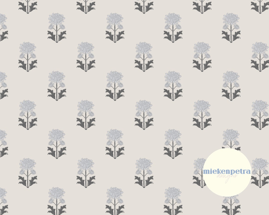Block Print Floral Seamless Pattern | Digital Paper | Blue, Beige ...