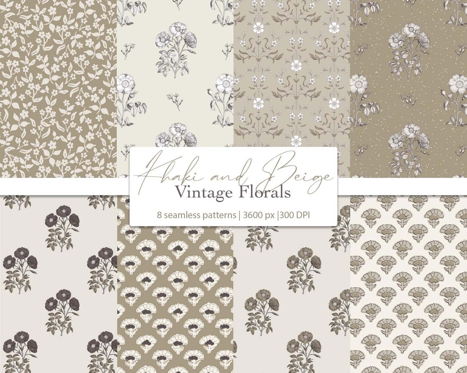 Khaki and Beige Vintage Florals | Digital Paper Pack | Set of 8 ...