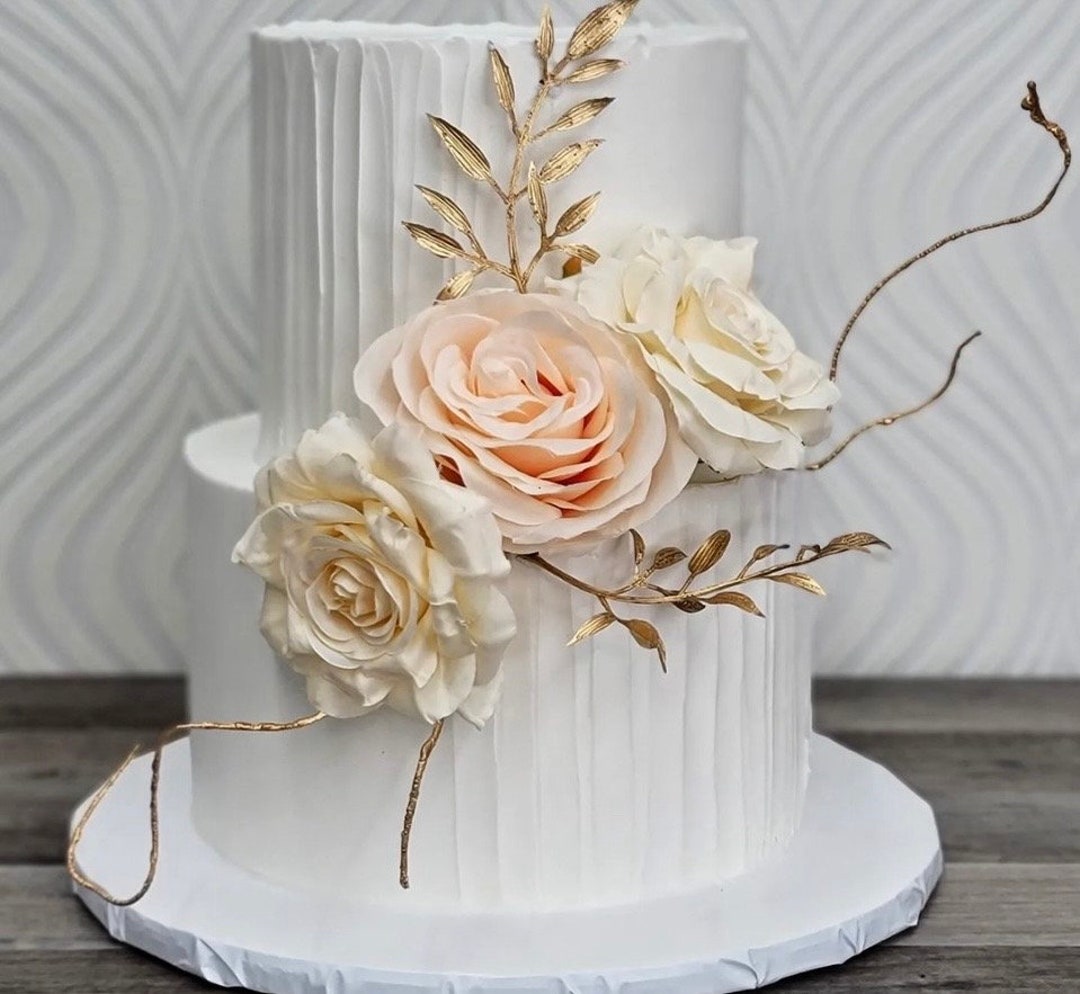 Artificial Gold Leaf Blush Ivory Rose Cake Decor - Floral Cake Topper ...