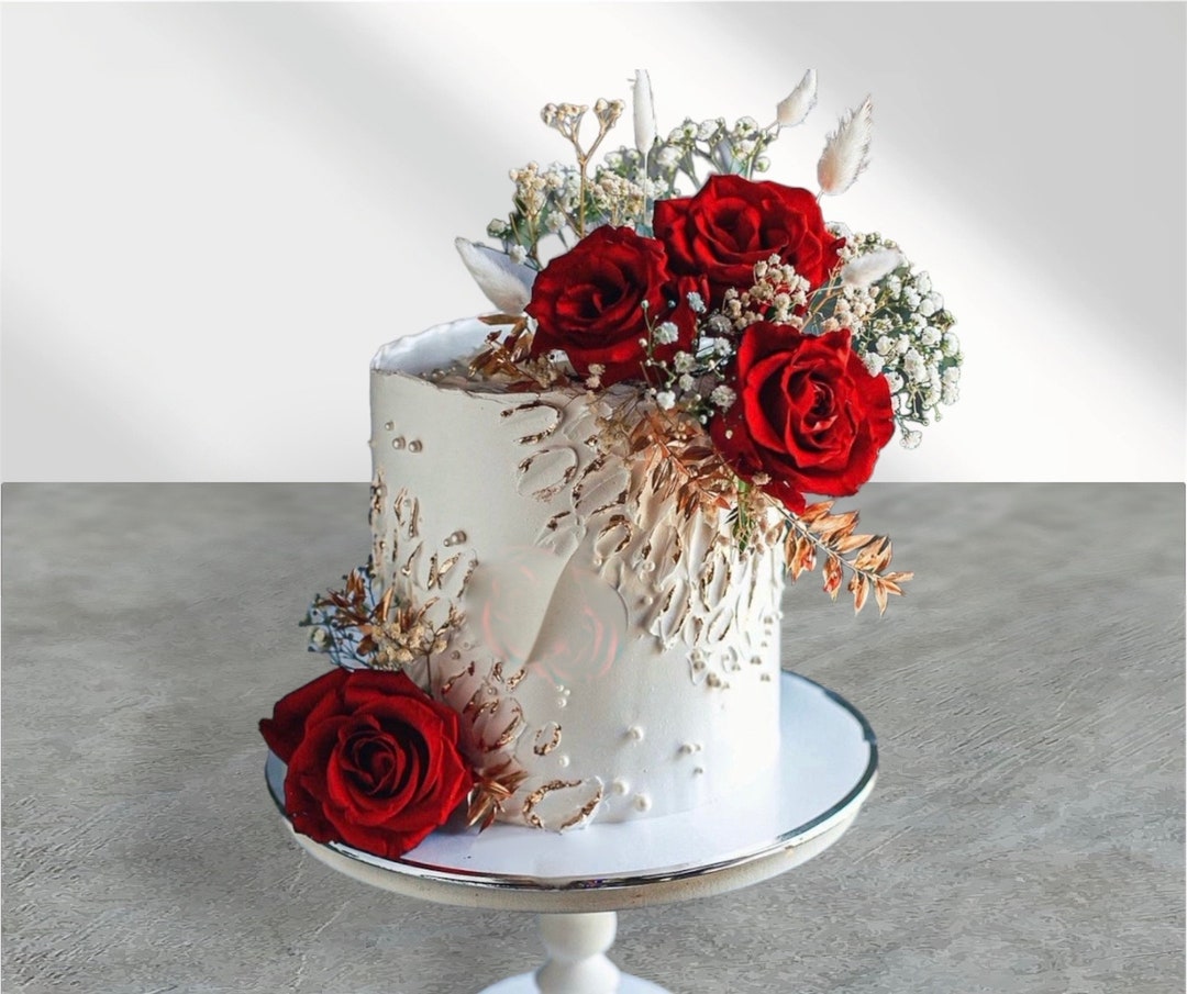 Artificial Red Rose Gypsophila Gold Ruscus Cake Decor - DIY Cake Decor ...