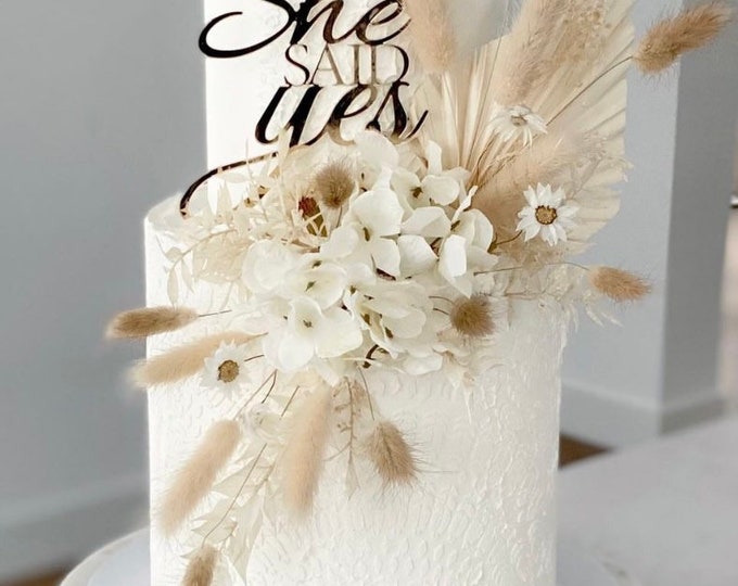 Neutral Dried Spear Palm Hydrangea Real Flower Cake Arrangement Flower Cake Topper Flower Cake ...