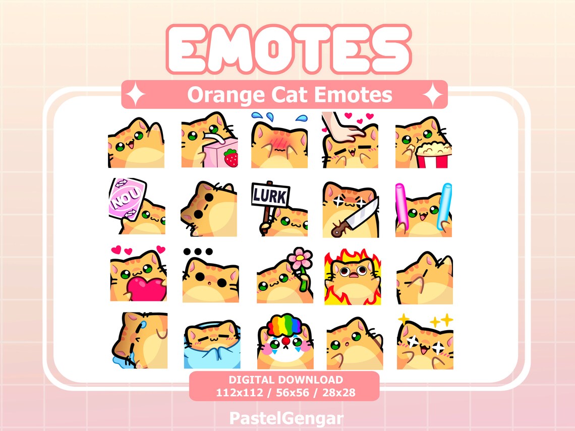 20 Orange Cat Emotes for Twitch Streamers, Discord, Youtube, Kick Cute ...