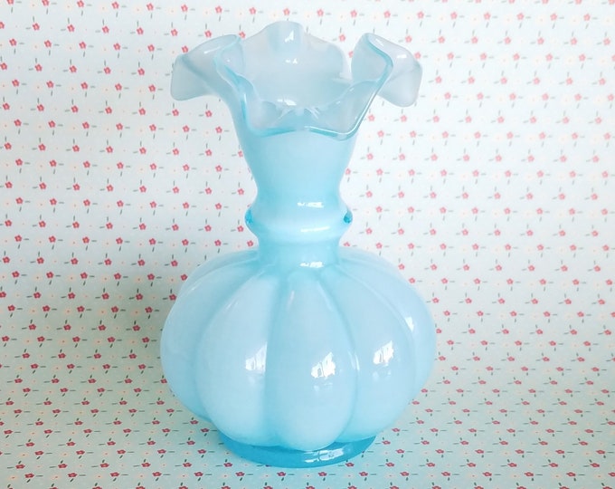 Gorgeous Fenton Blue Overlay Double Crimped Ruffled Edge Vase 4 7/8 ...