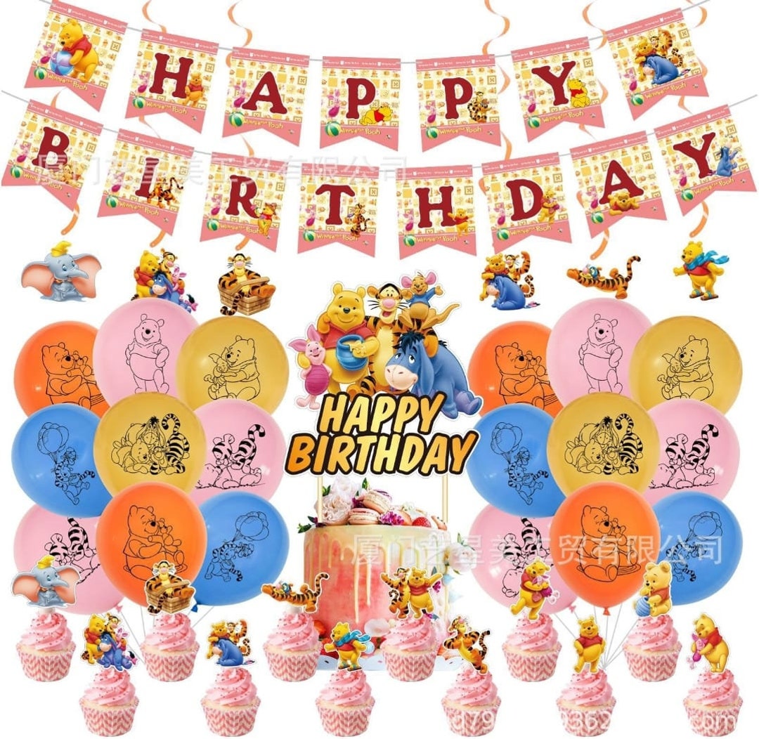 Winnie the Pooh Cartoon Characters Happy Birthday Supplies Set Birthday ...