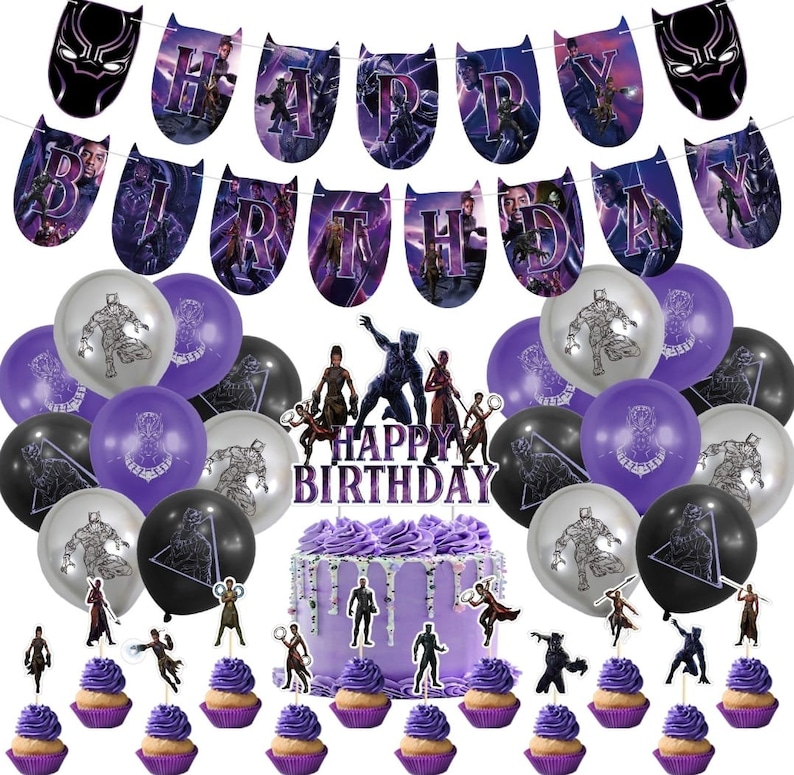 Black Panther Wakanda Forever Happy Birthday Supplies Set Birthday Cake ...