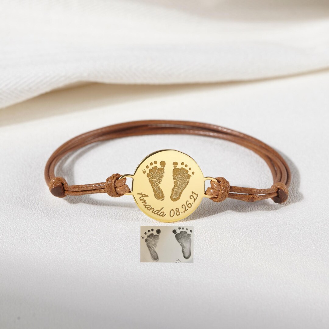 Engraved Baby Prints Bracelet, Handprint Leather Bracelet, Mothers Day ...