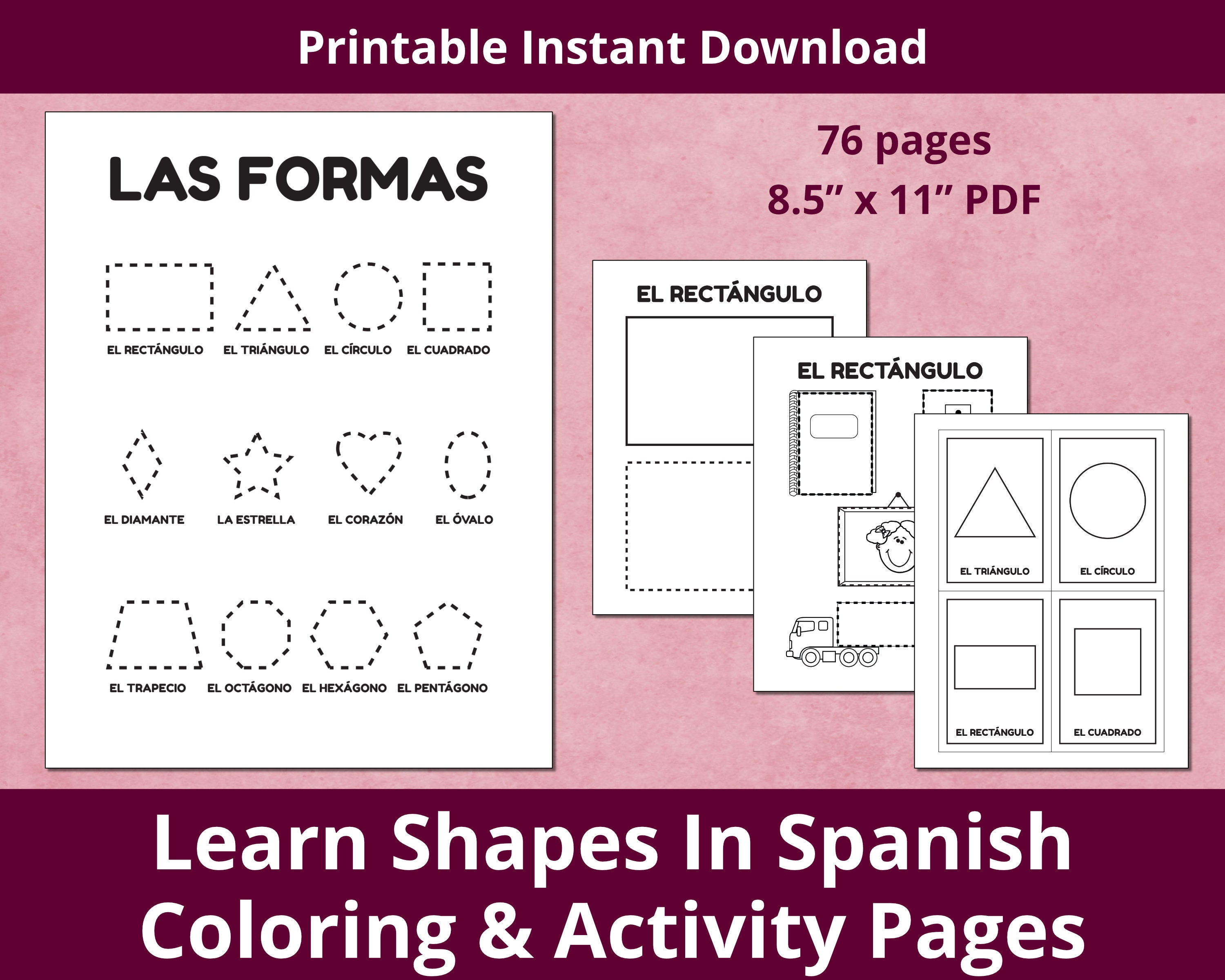 Printable Spanish Shapes Tracing and Coloring Activity Pages | Etsy