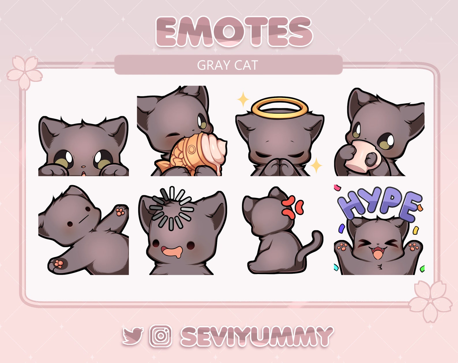 Cute Gray Cat Emotes Twitch Discord Kawaii Kitty Neko Etsy