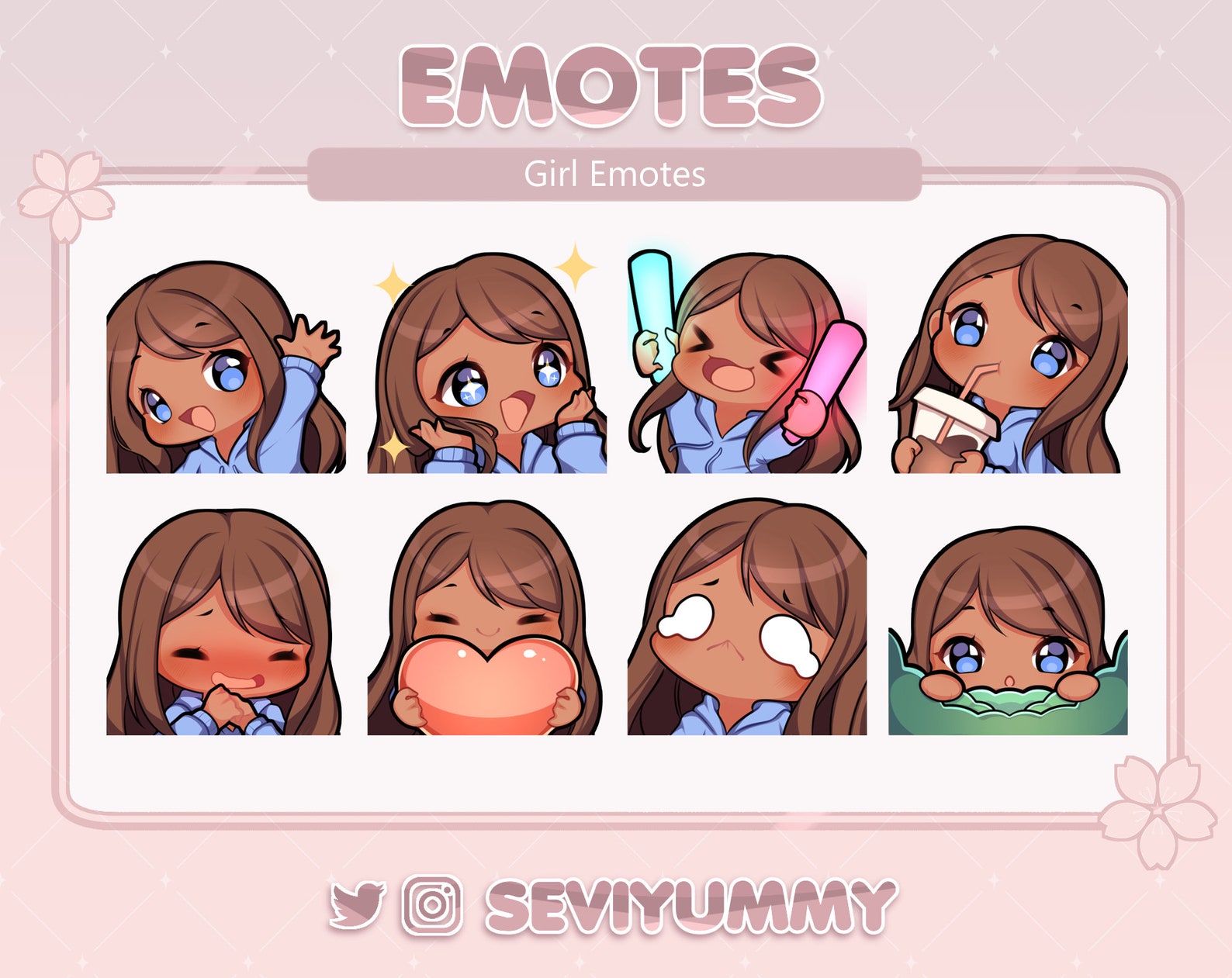 Twitch / Discord Emotes Chibi Girl Brown Hair Dark Skin Blue Eyes - Etsy