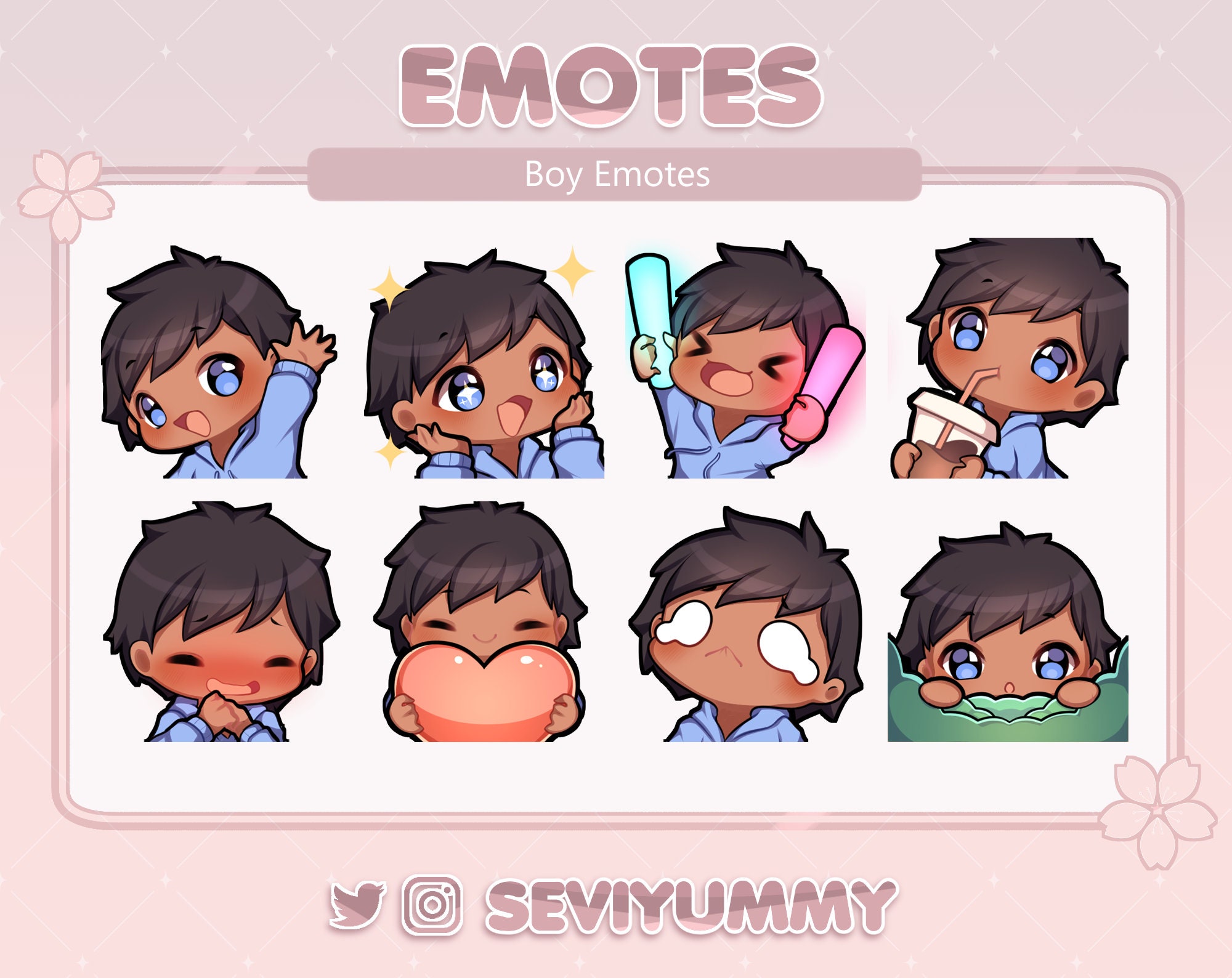 Twitch / Discord Emotes Chibi Boy Black Hair Dark Skin Blue Eyes - Etsy