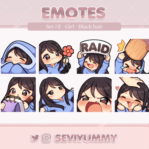 Set 5 Twitch / Discord Emotes Chibi Girl Brown Hair Light Skin Brown ...