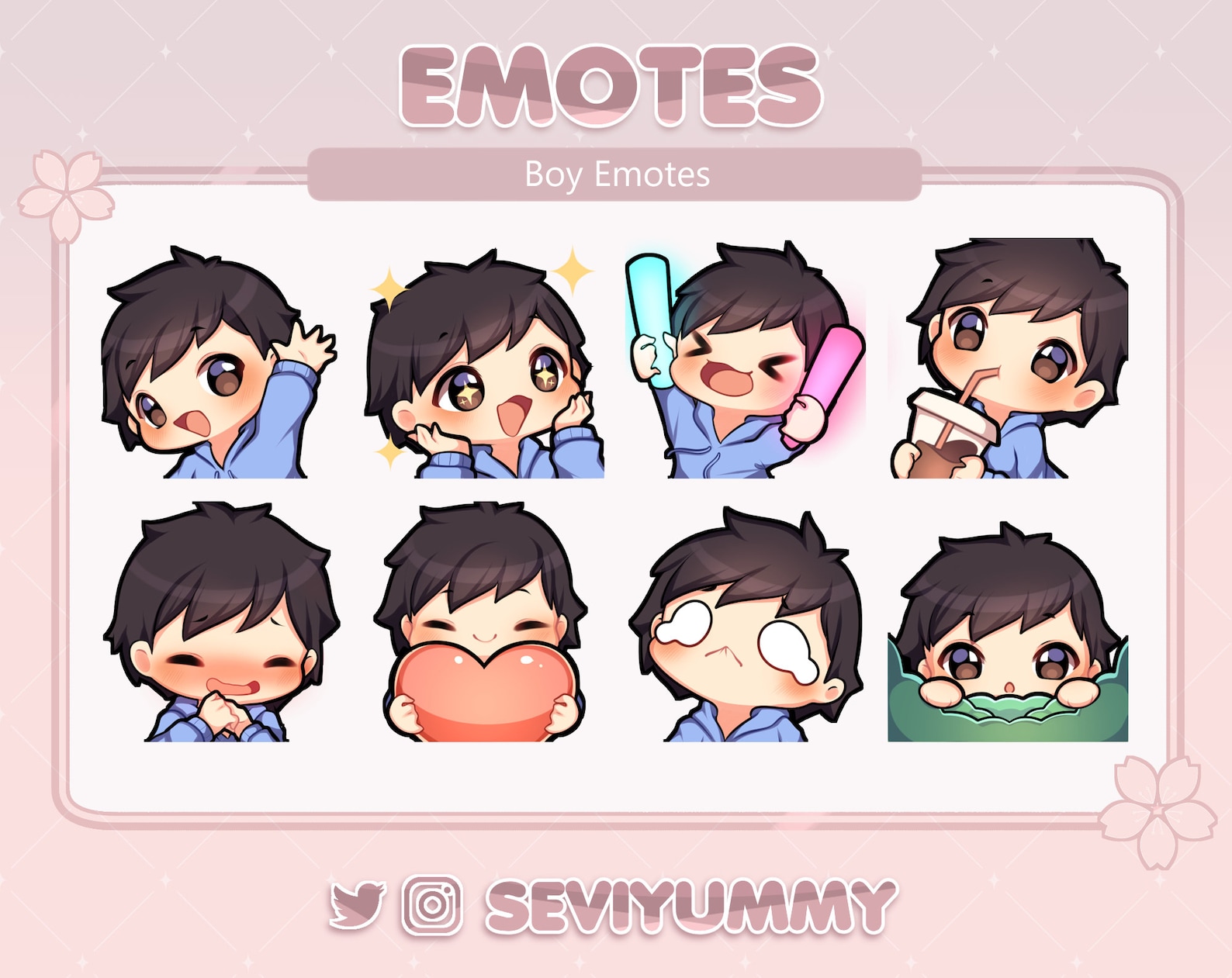 Twitch / Discord Emotes - Chibi Boy - Black Hair - Light Skin - Brown ...