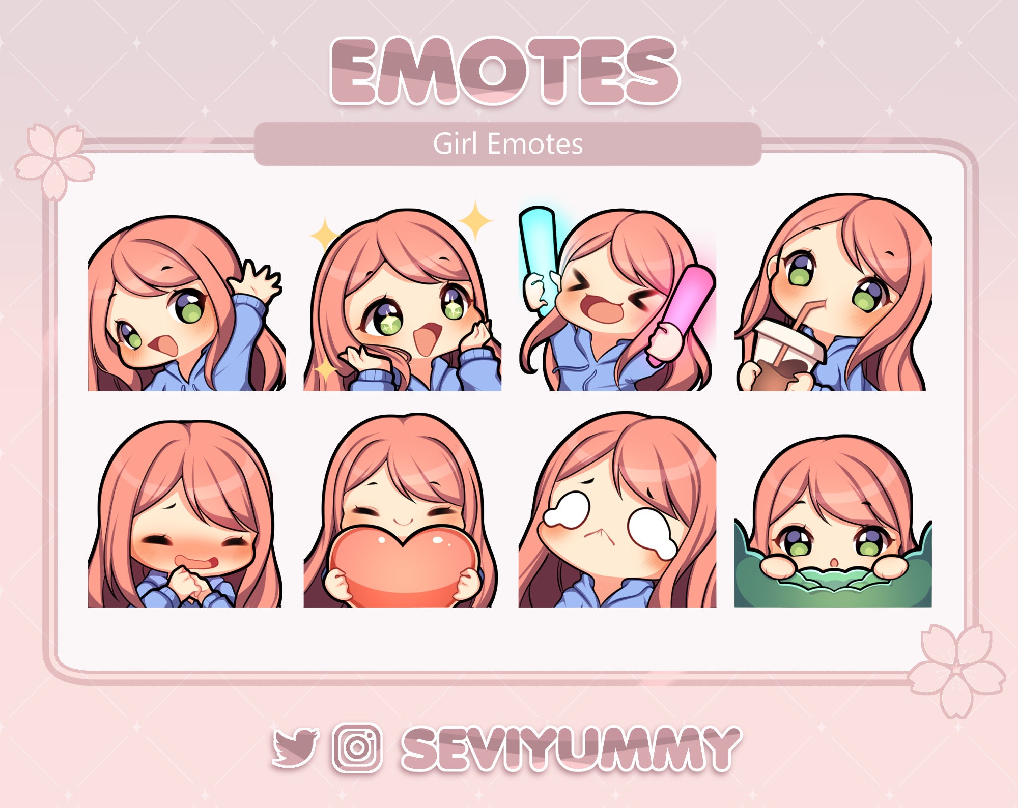 Twitch / Discord Emotes Chibi Girl Cabello Rosa Piel Clara Ojos Verdes ...