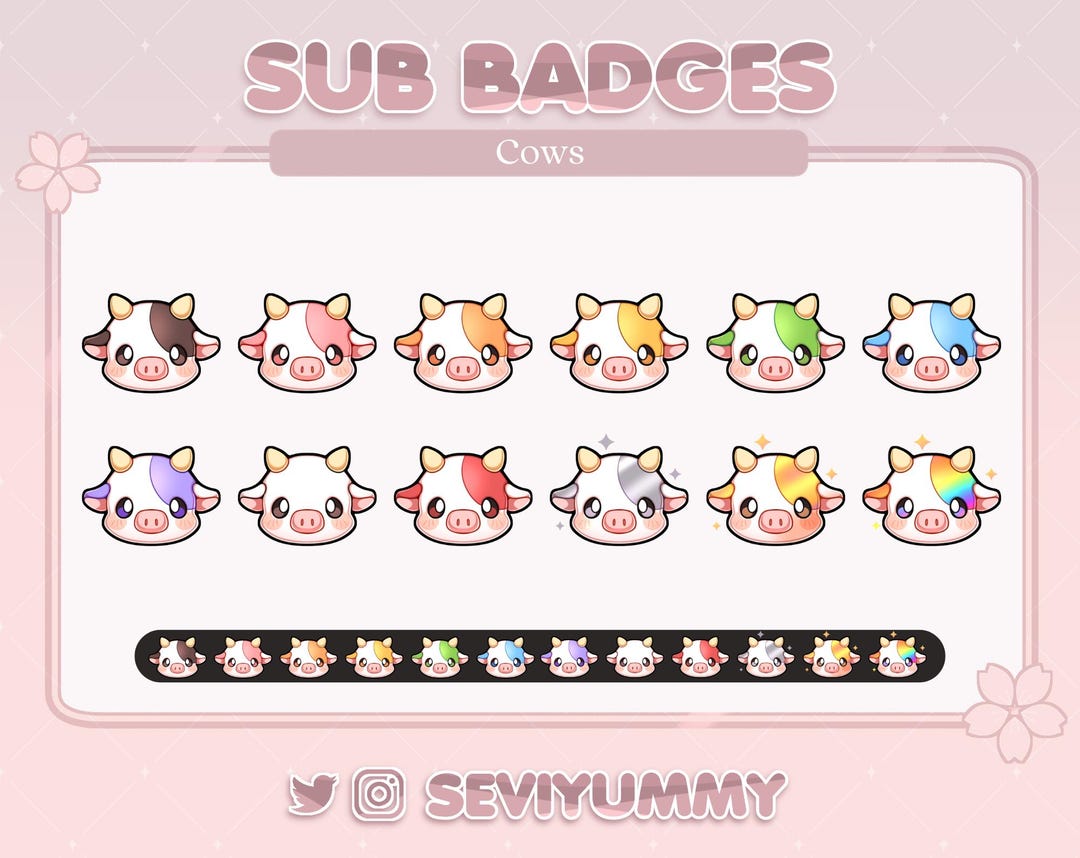 Cute Cow Twitch Sub Badges | Kawaii Animal Stream Icons (digital ...