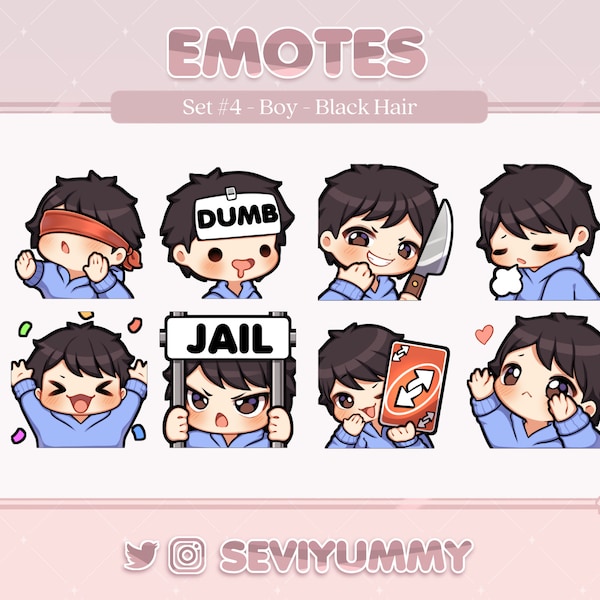 Set 5 Twitch / Discord Emotes Chibi Boy Black Hair Light Skin Brown ...