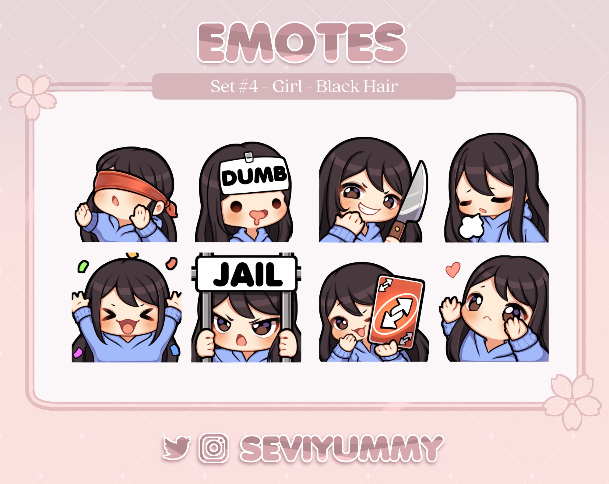 Twitch / Discord Emotes Chica Chibi Cabello negro Piel clara Ojos ...