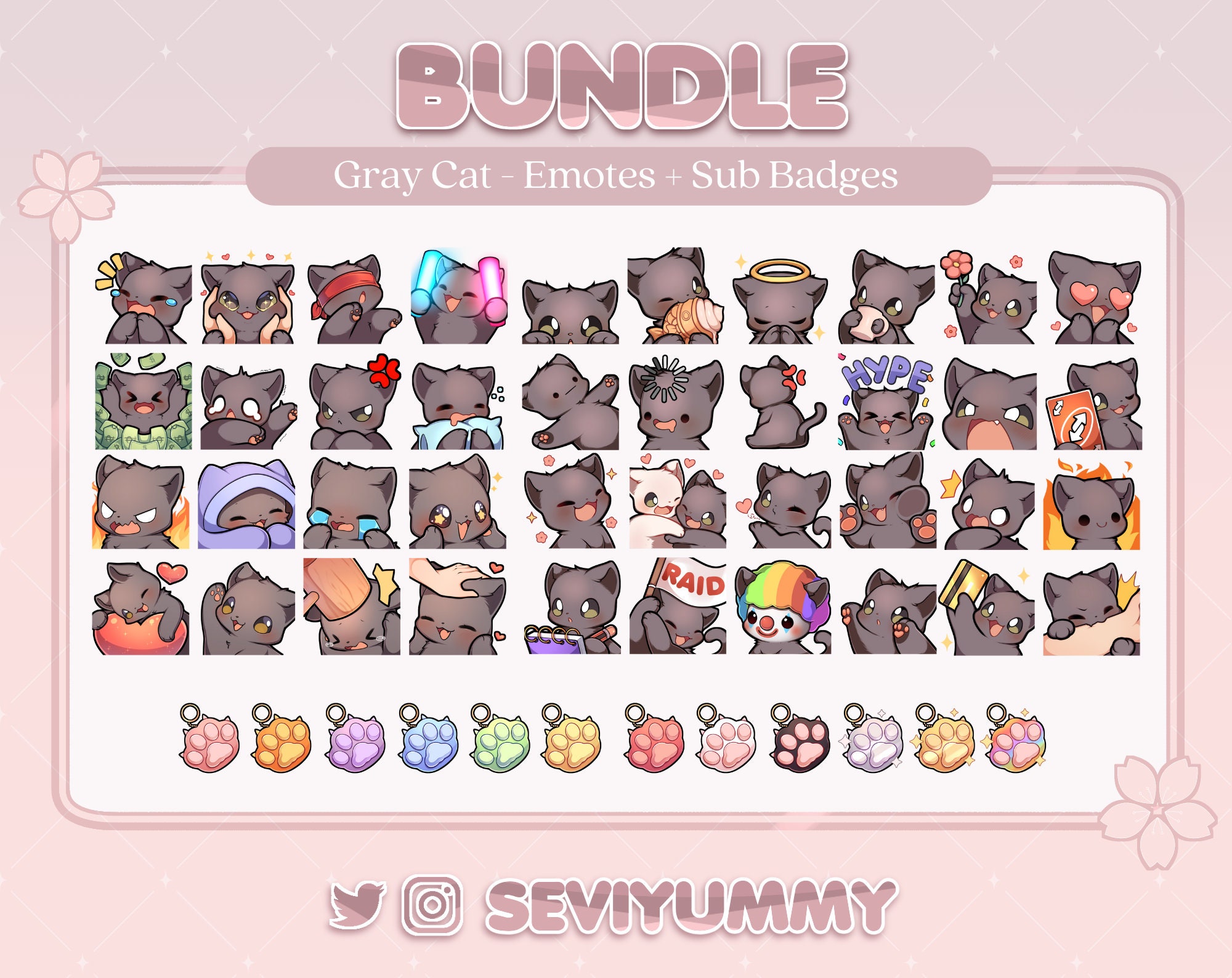 Gray Cat Bundle Pack - 40 Emotes & 12 Sub Badges (twitch/discord) - Etsy