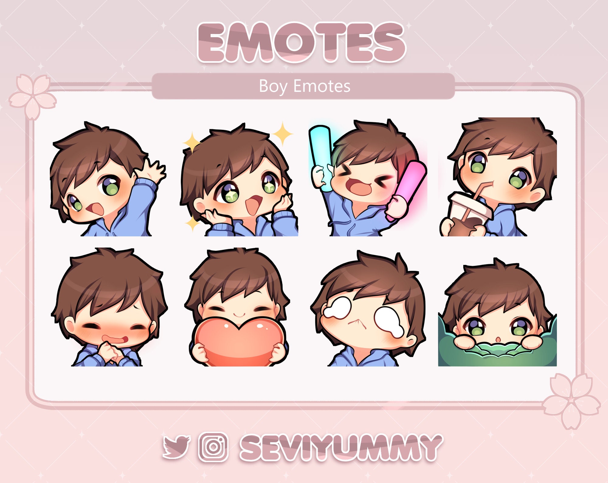 Twitch / Discord Emotes Chibi Boy Brown Hair Light Skin Green Eyes - Etsy