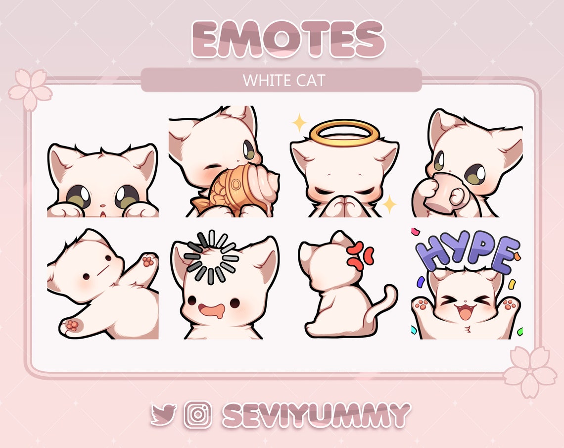 Cute White Cat Emotes Twitch Discord Kawaii Kitty Neko Etsy